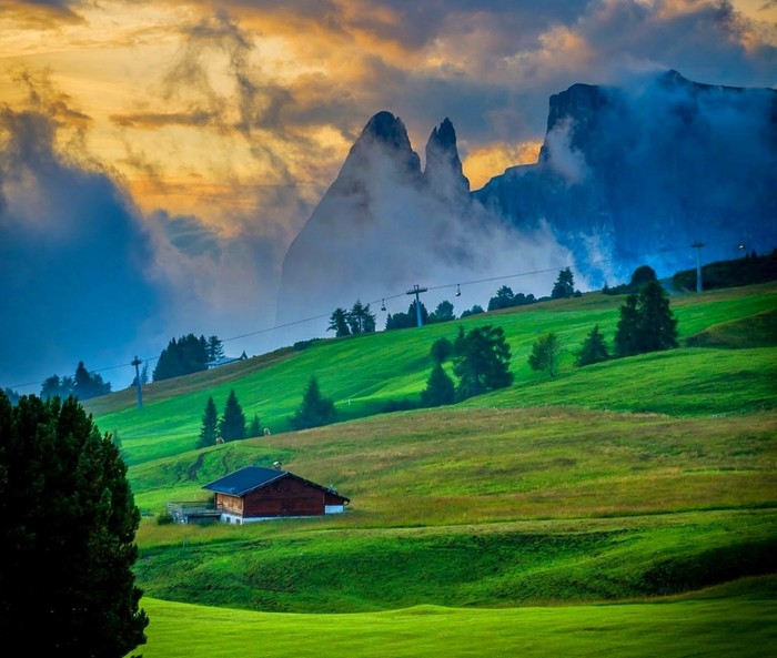 nature landscape dolomites mountains sunset italy cabin clouds grass ...