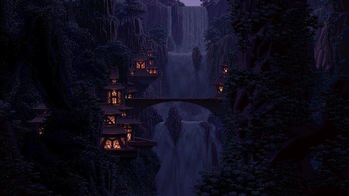 1920x1080 pixel art fantasy art digital art waterfall bridge wallpaper ...