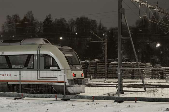 evening, light, lights, night, outdoors, outside, snow, sweden, train ...